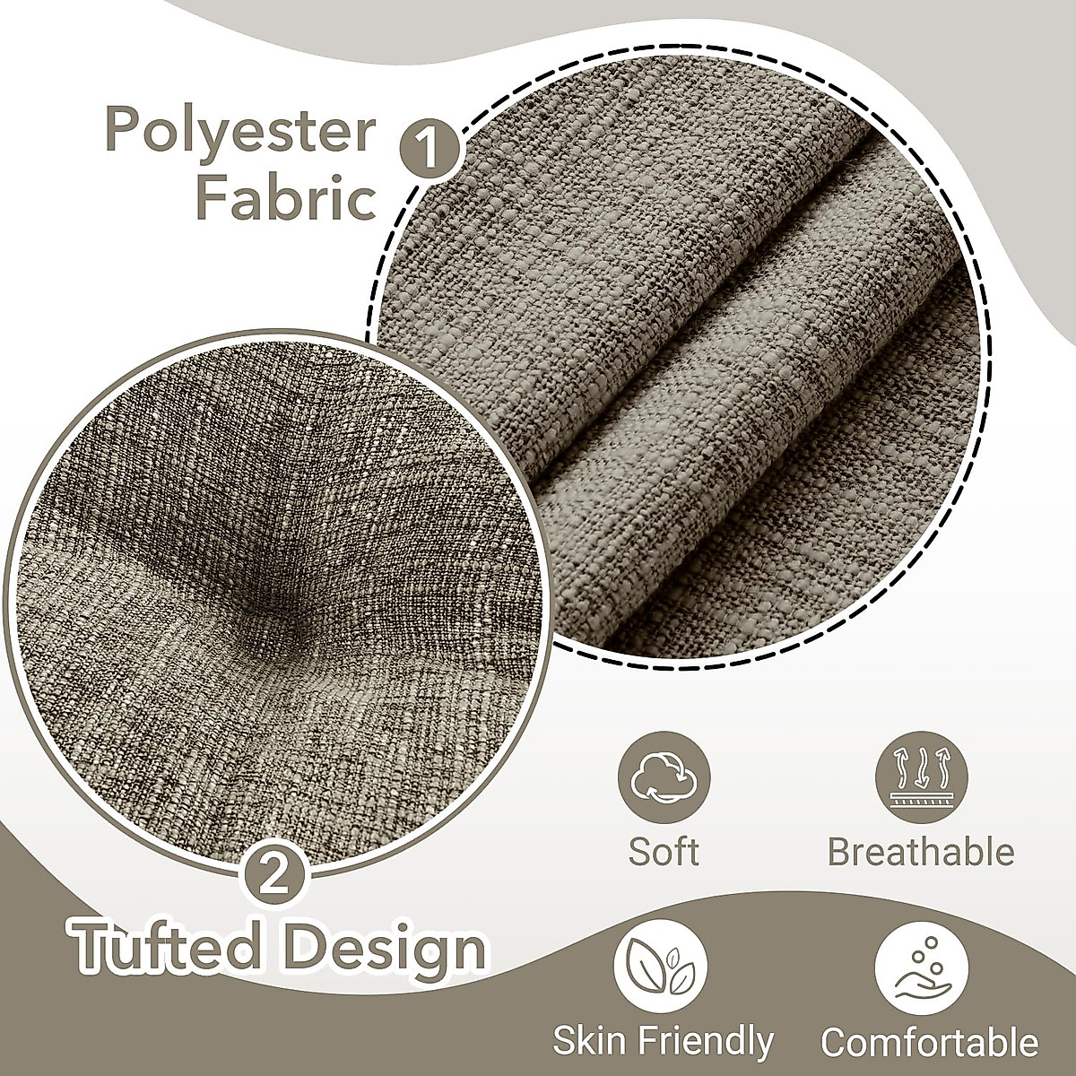 downluxe Indoor Chair Cushions for Dining Chairs, Tufted Overstuffed Textured Memory Foam Kitchen Chair Pads with Ties and Non-Slip Backing, 15.5" x 15.5" x 4", Khaki, 4 Pack