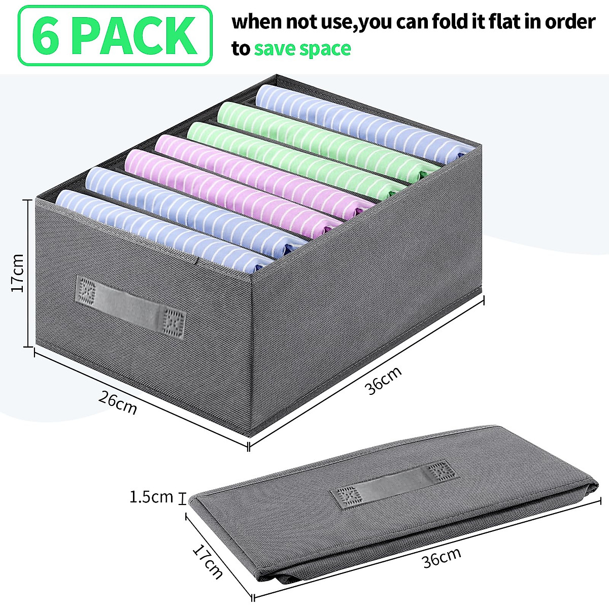 Suzurana 6 Pack Jeans Organizer for Closet, Foldable Wardrobe Clothes Organizer with Handle, Stackable Closet Clothes Drawer Organizer Tshirts with 7 Grids for Leggings, Sweater, Jean, Pants, Grey