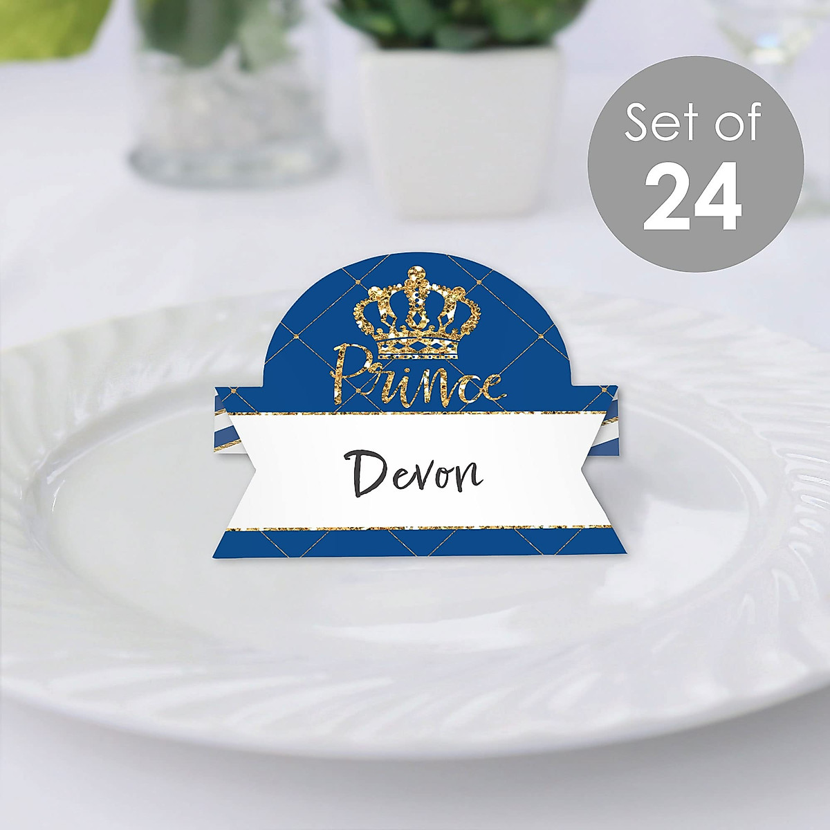 Big Dot of Happiness Royal Prince Charming - Baby Shower or Birthday Party Tent Buffet Card - Table Setting Name Place Cards - Set of 24