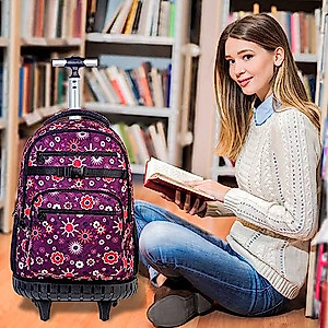 3PCS Rolling Backpack for Women, 19 Inches Travel Roller Bookbag with Wheels, Teen Girls College Backpacks Wheeled - Purple
