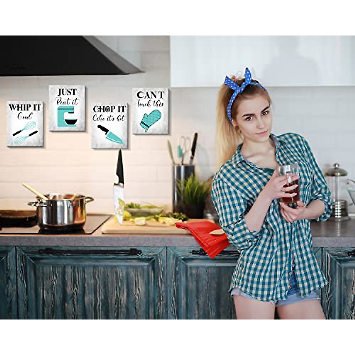 ARTINME Teal Kitchen Quotes Wall Art - Set of 4 Retro Vintage Inspirational Canvas Poster Prints Sign For Dining Room cafe and Restaurant Home Decorations