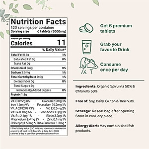 Organic Chlorella Spirulina Tablets, 3000mg Per Serving, 720 Counts, 4 Months Supply, 50/50 Blend Superfood, No Filler, No Additives, Cracked Cell Wall, Rich in Vegan Protein & Chlorophyll