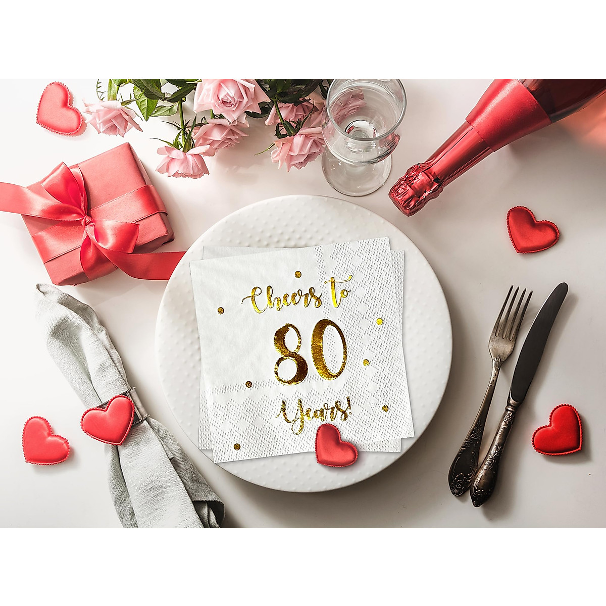 Cheers to 80 Years Cocktail Napkins | Happy 80th Birthday Decorations for Men and Women and Wedding Anniversary Party Decorations | 50-Pack 3-Ply Napkins | 5 x 5 inch folded (White)