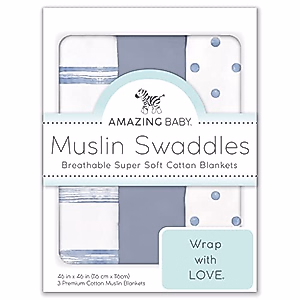 Amazing Baby Cotton Muslin Swaddle Blankets, Set of 3, Watercolor Brushstrokes, Denim, X-Large