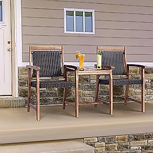 HAPPYGRILL Patio Bistro Set Acacia Wood Loveseat Chair with Side Table, 3 in 1 Rattan Wicker Patio Bench with Umbrella Hole for Garden Porch Backyard