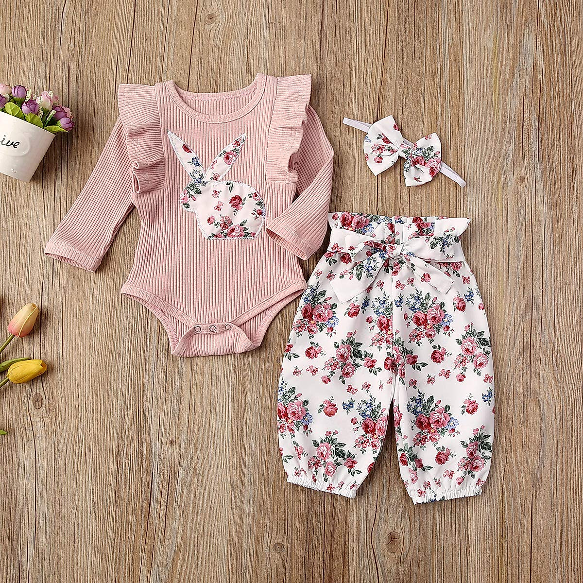 Newborn Infant Baby Girls Easter Outfits Bunny Long Sleeve Knitted Romper Bodysuit Floral Pants with Headband 3Pcs Clothes Set (Shrimp Pink, 0-6 Months)