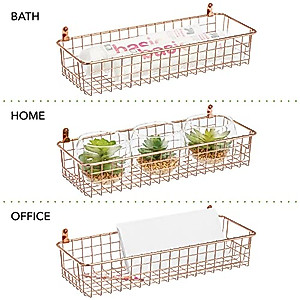 mDesign Wallmount Metal Storage Basket Tray with Handles - Decorative Organizer for Hanging in Entryway, Mudroom, Bedroom, Bathroom, Laundry Room - Small - Hooks Included - 2 Pack - Rose Gold