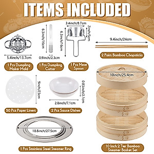 2 Tier Bamboo Steamer Basket Set Including Stainless Steel Steamer Ring Dumpling Maker Mold and Cutter Meat Spoon 2 Pairs Bamboo Chopsticks 2 Pcs Sauce Dish 50 Pcs Paper Liners for Kitchen (10 Inch)