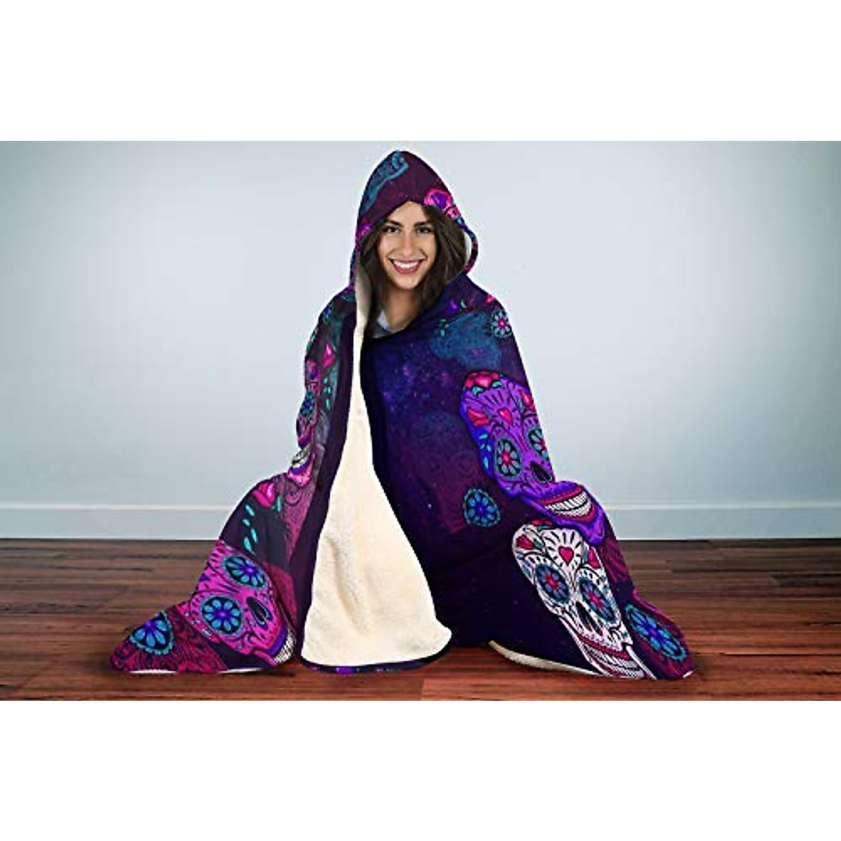 freedomlook Sugar Skull Hooded Blanket, Sherpa and Microfiber Fleece Candy Skull Skull Blanket with Hood for Teens and Adults (80 in x 55 in, Microfleece)