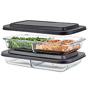Divided Glass Casserole Baking Dish, Rectangular Bakeware Set 2.3 Qt Each, Oven to Table Clear Glass Lasagna Pan with Divider-2 Pack