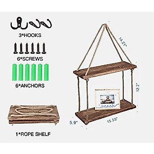 Doledecor Rope Floating Shelves，Hanging Wall Shelves, Woven Hanger, 2 Tier Rope Floating Shelf ,Rustic Wood Finish . for Living 2tiers