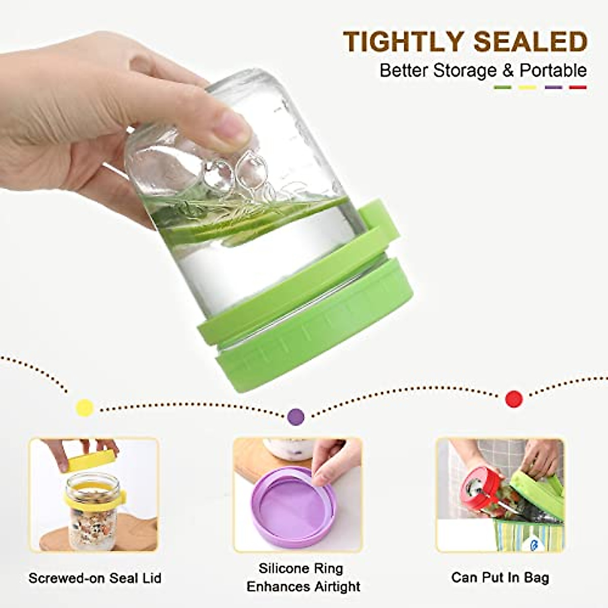 LANDNEOO 4 Pack Overnight Oats Containers with Lids and Spoons, 16 oz Glass Mason Overnight Oats Jars, Large Capacity Airtight Jars for Milk, Cereal, Fruit