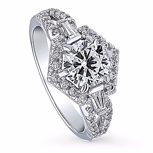 BERRICLE Sterling Silver Hexagon Wedding Engagement Rings Cubic Zirconia CZ Halo Split Shank Ring for Women, Rhodium Plated Size 9
