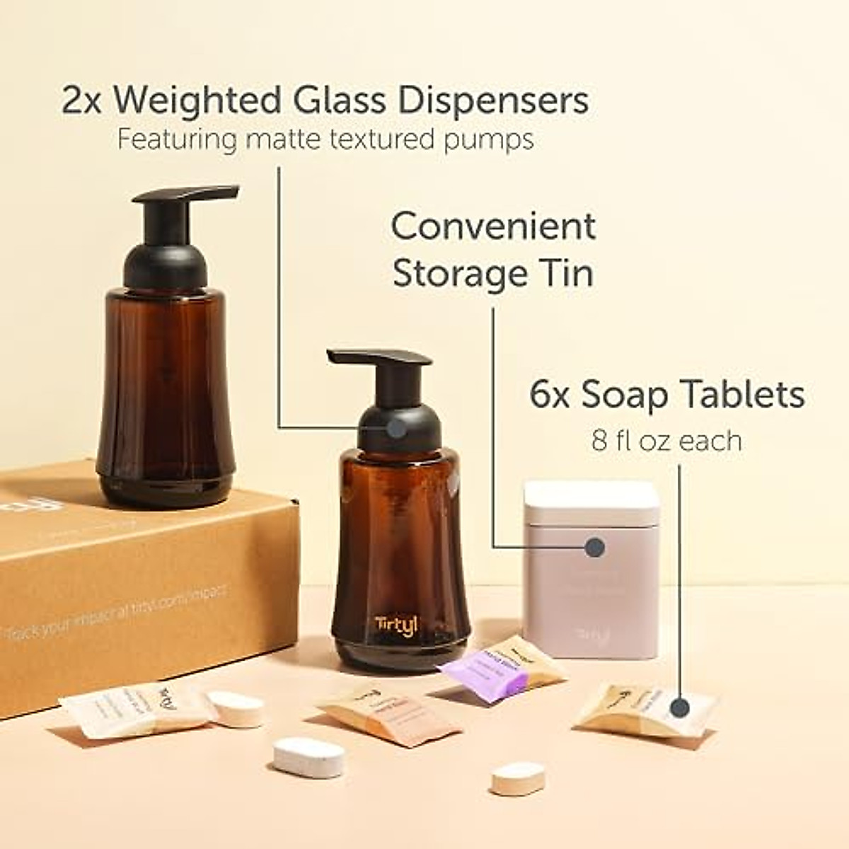Tirtyl Hand Soap Duo Kit - 2 Amber Glass Foaming Dispensers + Storage Tin + 6 Tablet Refills (48 fl oz total - 6x 8 fl oz) - NEW Formula - Compostable Packaging - Variety Fragrances
