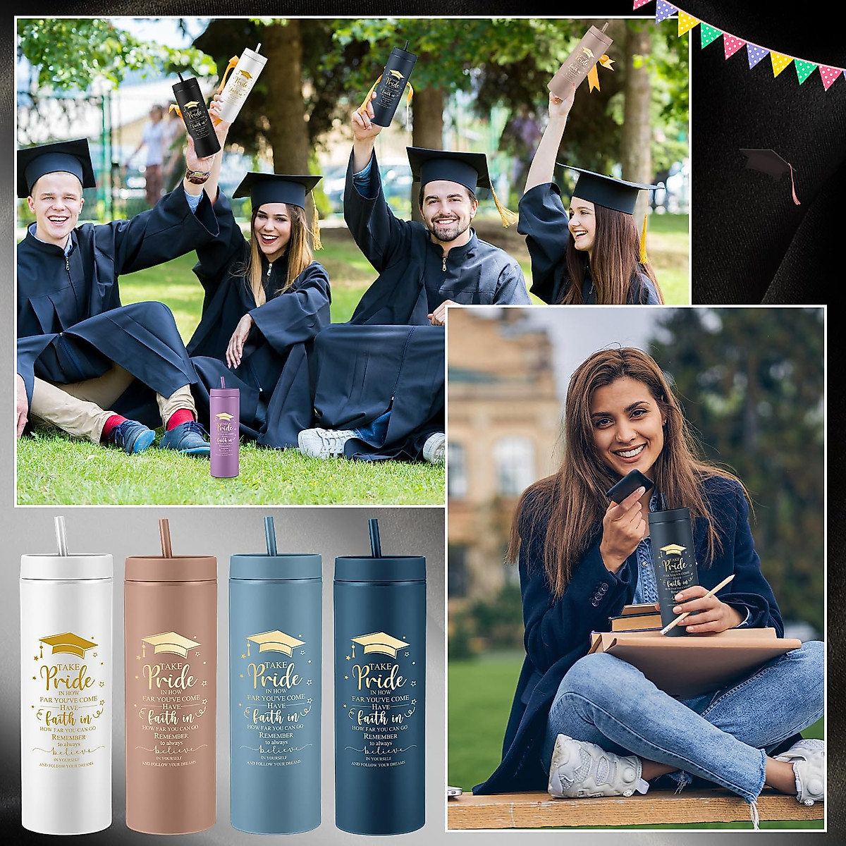 Blushtier 6 Pcs Class of 2025 Graduation Gifts Bulk 16oz Matte Graduation Cups 2025 Inspirational Tumbler with Lid and Straw Plastic Drinking Tumbler for Teen High School Grad Party Favors (Colorful)