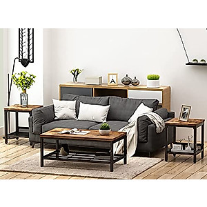 Lamerge 3 Pieces Living Room Table Set, Industrial Coffee Table with 2 Square End Side Tables, Coffee Table Set with Metal Frame for Apartment Home Office, Rustic Brown