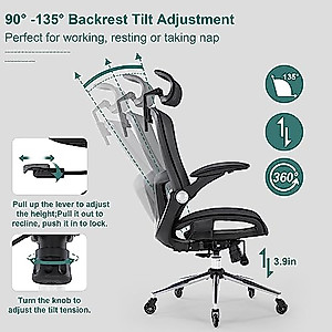 Ergonomic Mesh Office Chair, Home Office Desk Chairs with Adjustable Backrest, High Back Computer Desk Chair with Adjustable Headrest and Flip-Up Arms, Swivel Task Chair (Black)