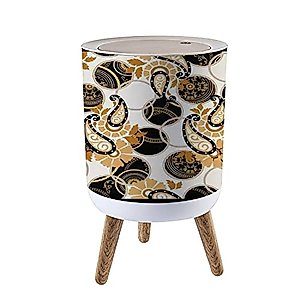 Trash Can with Lid Seamless Golden Print with Paisley Motifs Template for Shirts Dresses Wood Small Garbage Bin Waste Bin for Kitchen Bathroom Bedroom Press Cover Wastebasket 7L/1.8 Gallon