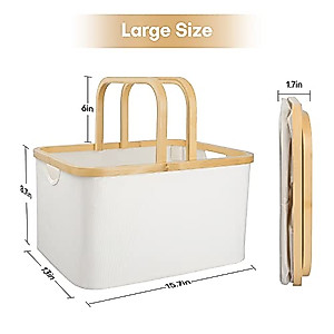 ANMINY Large Storage Basket with Natural Bamboo Handles Canvas Fabric Picnic Laundry Bin Water-Repellent Rectangular Closet Cabinet Shelf Box Foldable Decorative Nursery Clothes Toys Organizer - Beige
