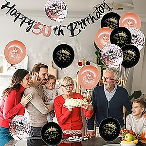 Happy 50th Birthday Banner Black Rosegold, 16 PCS 50th Birthday Decorations Kit with Happy 50th Birthday Banner Bunting 12 Inch Latex Confetti Balloons for Women 50th Birthday Party Decorations