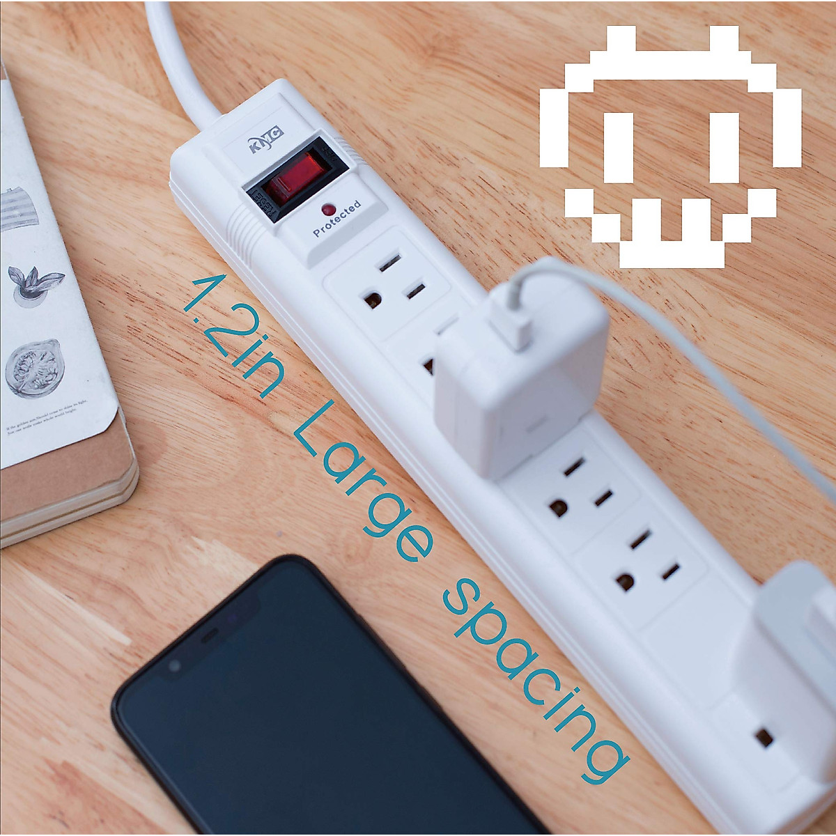 KMC 6-Outlet Surge Protector Power Strip, 2-Pack, 1200 Joules, 6ft Cord, Adapter Spaced Outlet, Overload Protection, White