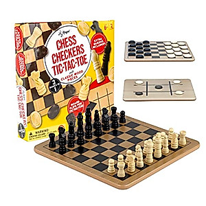 Regal Games - Reversible Wooden Board for Chess, Checkers & Tic-Tac-Toe - 24 Interlocking Wooden Checkers and 32 Standard Chess Pieces - for Age 8 to Adult for Family Fun