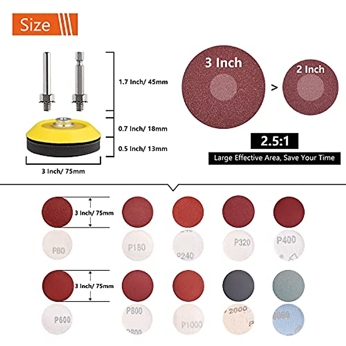 Tshya 100pcs 3inch Sanding Discs Pad with 2Pcs Sanding Sponge Buffing Blocks Variety Kit for Drill Grinder Rotary Tools Attachment with 1/4" Shanks, Sanding Pads Includes 80-3000 Grit