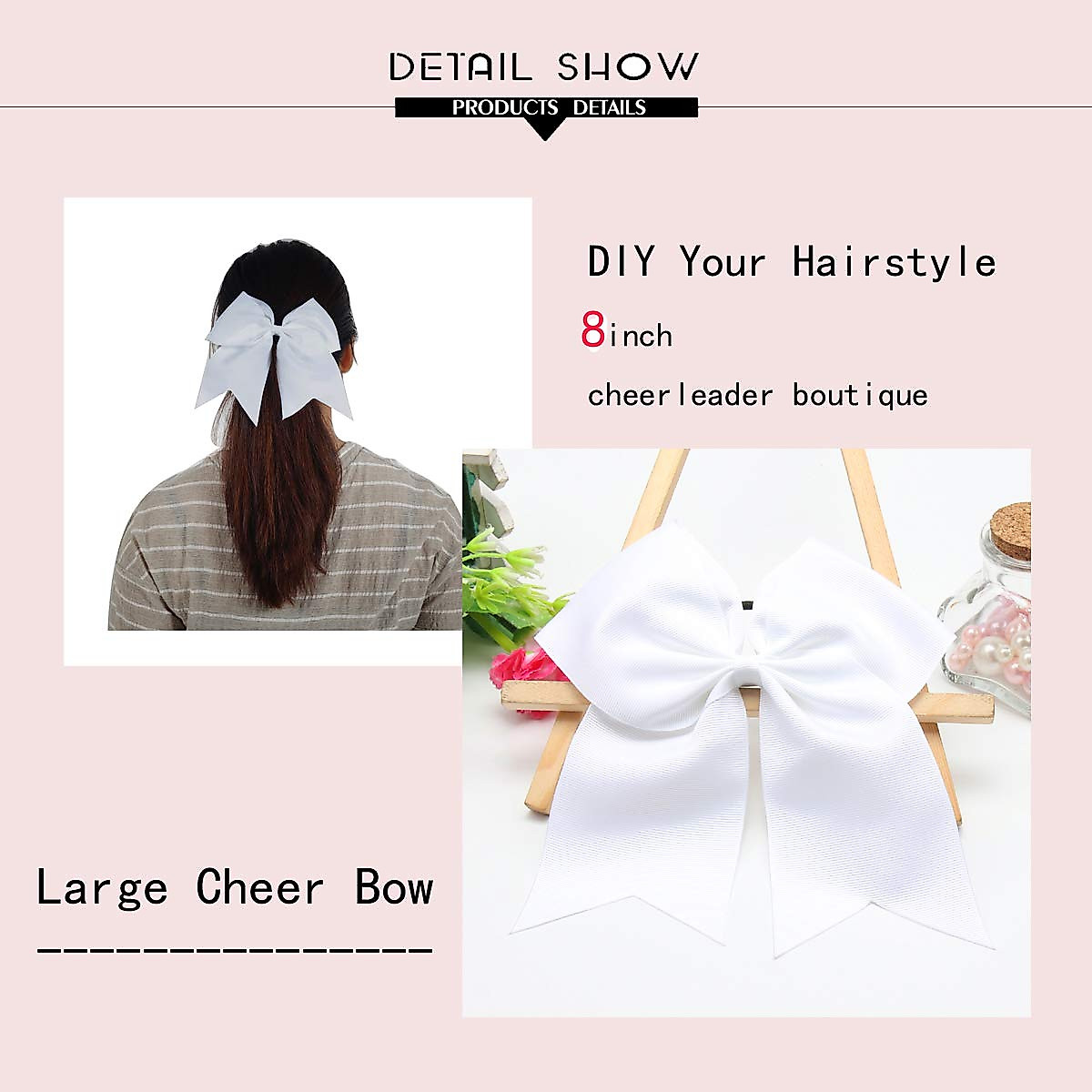 CN Large Cheer bow 8" Girls Ponytail Holders Jumbo Teams Cheerleaders Hair Bows Competition Sports Elastic Hair Ties Accessories (White)