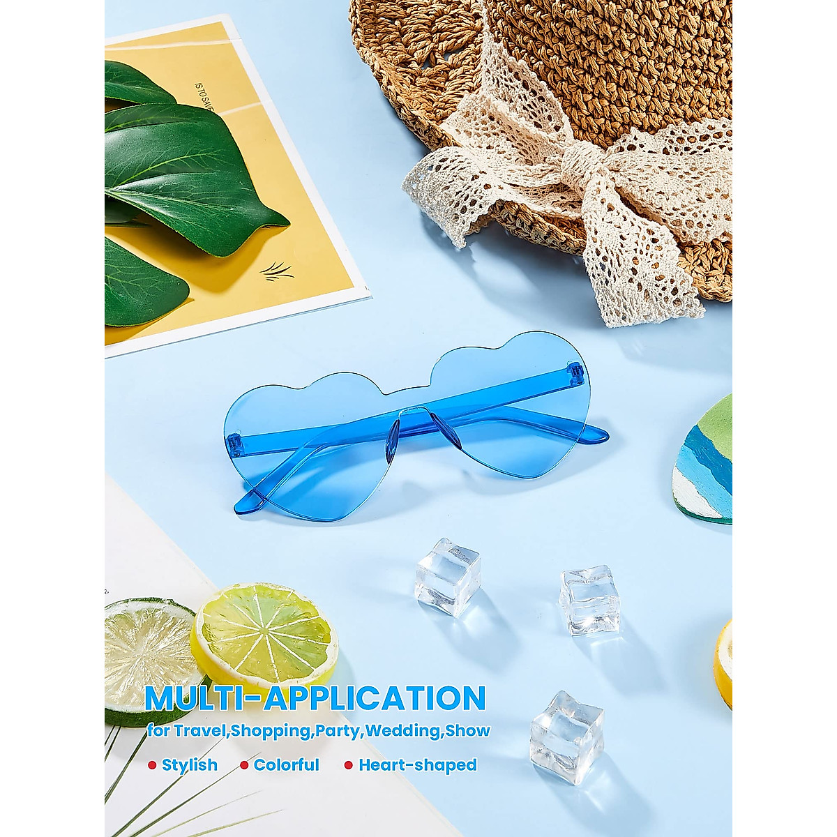 Weewooday 40 Pairs Heart Glasses Rimless Heart Shaped Frameless Sunglasses Transparent Sunglasses Tinted Eyewear(Blue)