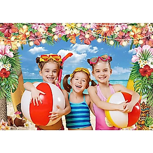 LIVUCEE 7x5ft Fabric Summer Hawaiian Beach Backdrop for Photography Tropical Flower Luau Hawaiian Party Decorations Aloha Blue Sky Ocean Palm Leaves Background Suppiles Photoshoot