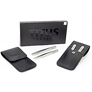 Titus Elite - Luxury Twin Pack - Premium Grade Slant Tip & Splinter Tip Tweezers with Leather Case - Grooming Gift Set for Teens and Adults - Useful Stocking Stuffers Gifts for Men and Women