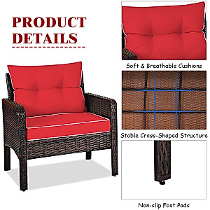 COSTWAY 3PCS Patio Furniture Set, Outdoor Wicker Cushioned Sofa Set with Coffee Table, All Weather Rattan Conversation Set for Garden Balcony Backyard Poolside Lawn, Red