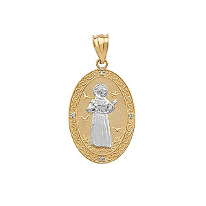 10k Two-Tone Gold Saint Francis Of Assisi Diamond Oval Medal Charm Pendant (Small)