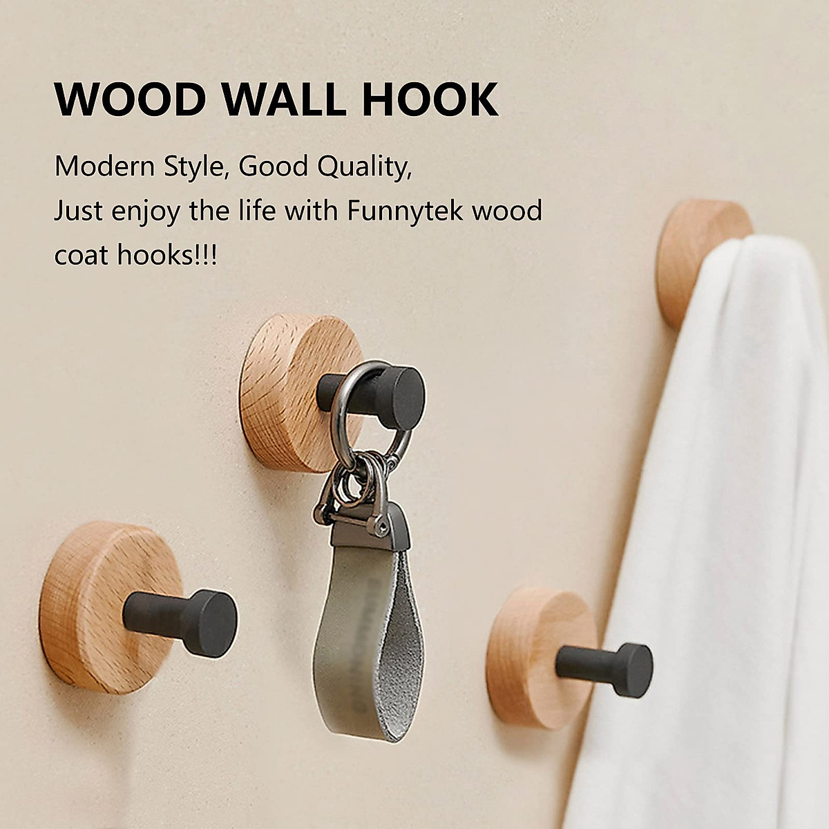 Funnytek Adhesive Wood Coat Hooks - 4 Pack Beech Wood Wall Hooks Natural Rustproof Coat Rack Adhesive Hooks for Wall, Towel Hooks for Hanging Coats, Hats, Bags, Keys (Style C)