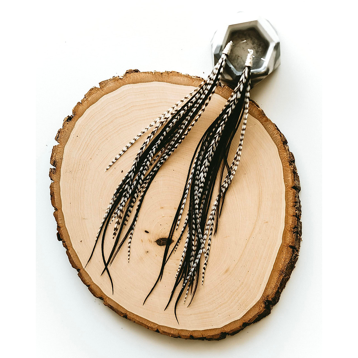 Feather Headz Bohemian handmade Black & Grizzly long lightweight feather dangle earrings for women