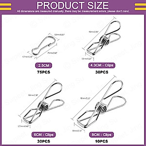 Swpeet 145Pcs 1.7inch 2.4inch 3.2inch Stainless Steel Clothes Pins with Metal Spring Hooks Kit, Multi-Purpose Wire Clip Windproof Clothespin Metal Clips Holders for Clothes