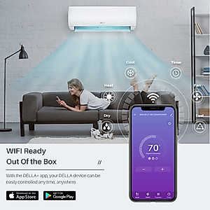 DELLA Motto Series 12000 BTU Wifi Enabled Mini Split Air Conditioner & Heater Ductless Inverter System, 17 SEER, 9 HSPF 208-230V Energy Efficient Unit with 1 Ton Heat Pump, Cools Up to 550 Sq. Ft.