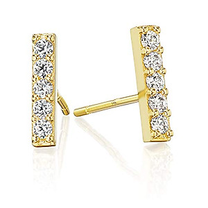 14K Solid Gold Cubic Zirconia Pave CZ Dainty Mini Bar Studs, Small Linear Bar Fine Jewelry Women's Stud Earrings (Yellow Gold)