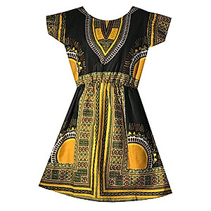 Decoraapparel Girls Dashiki Caftan African Short Baby Doll Dress Above Knee Length (X-Large, Black Yellow)