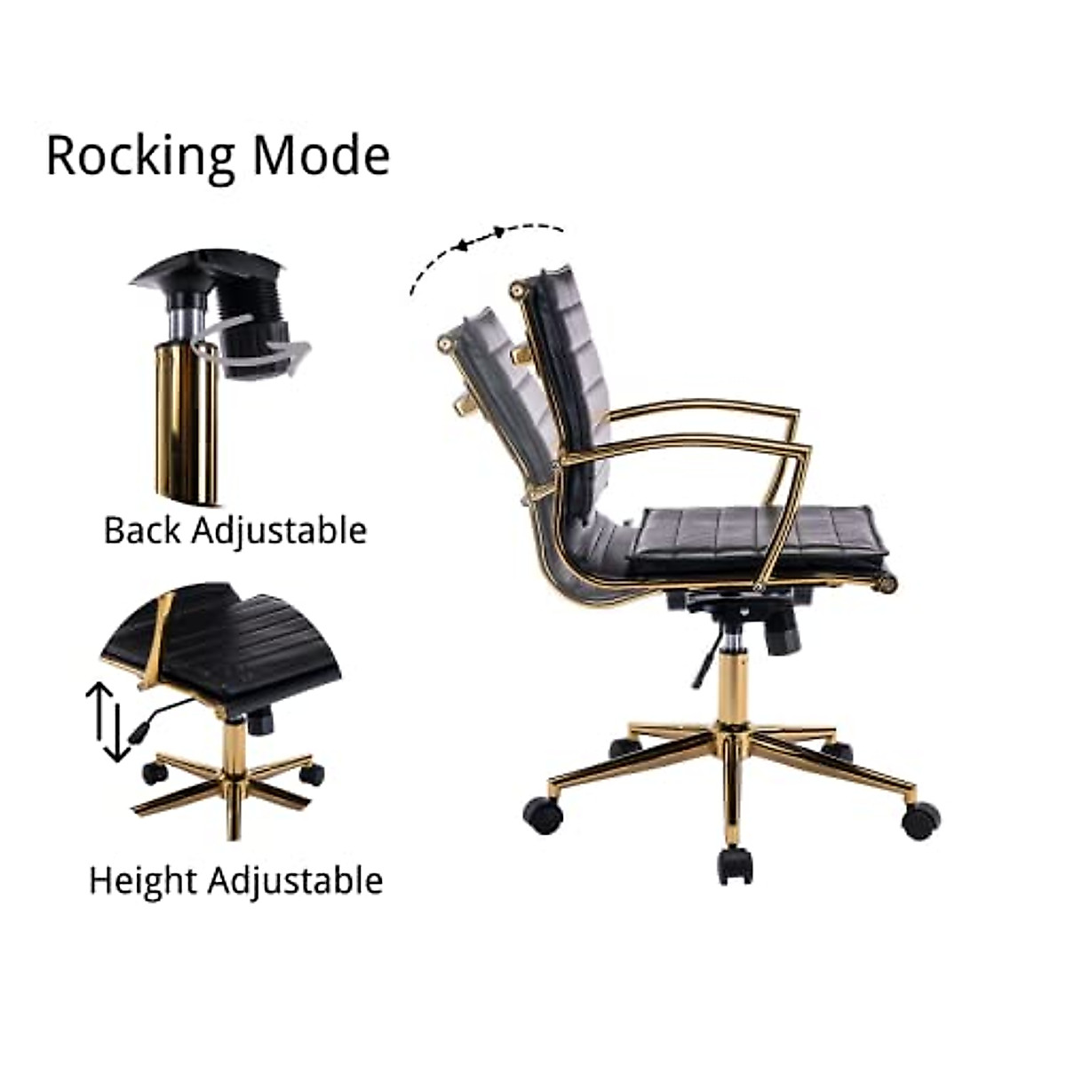 Shunzhi Leather Desk Chair with Armrest PU Leather Office Midback Adjustable Home Computer Executive Swivel Conference Task Managers Chair with Chrome Base, Black and Gold