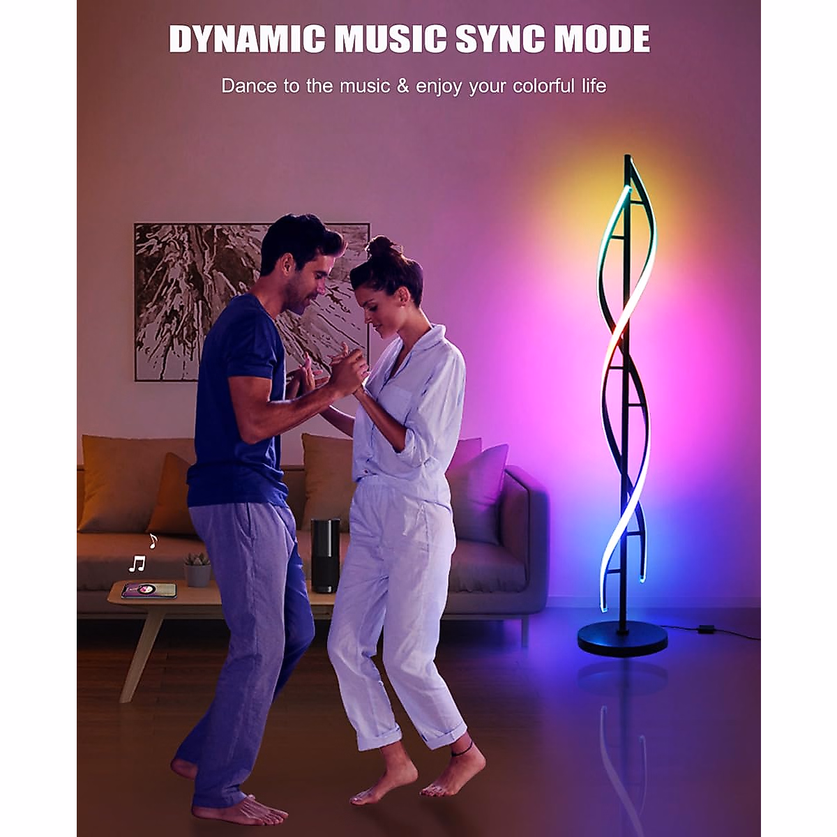 LENIVER LED Spiral Floor Lamp, Unique 3 Color Dimmable Standing Lamp, Modern Creative Standing Pole Lamps with Remote Control for Living Room, Bedroom and Office - Black