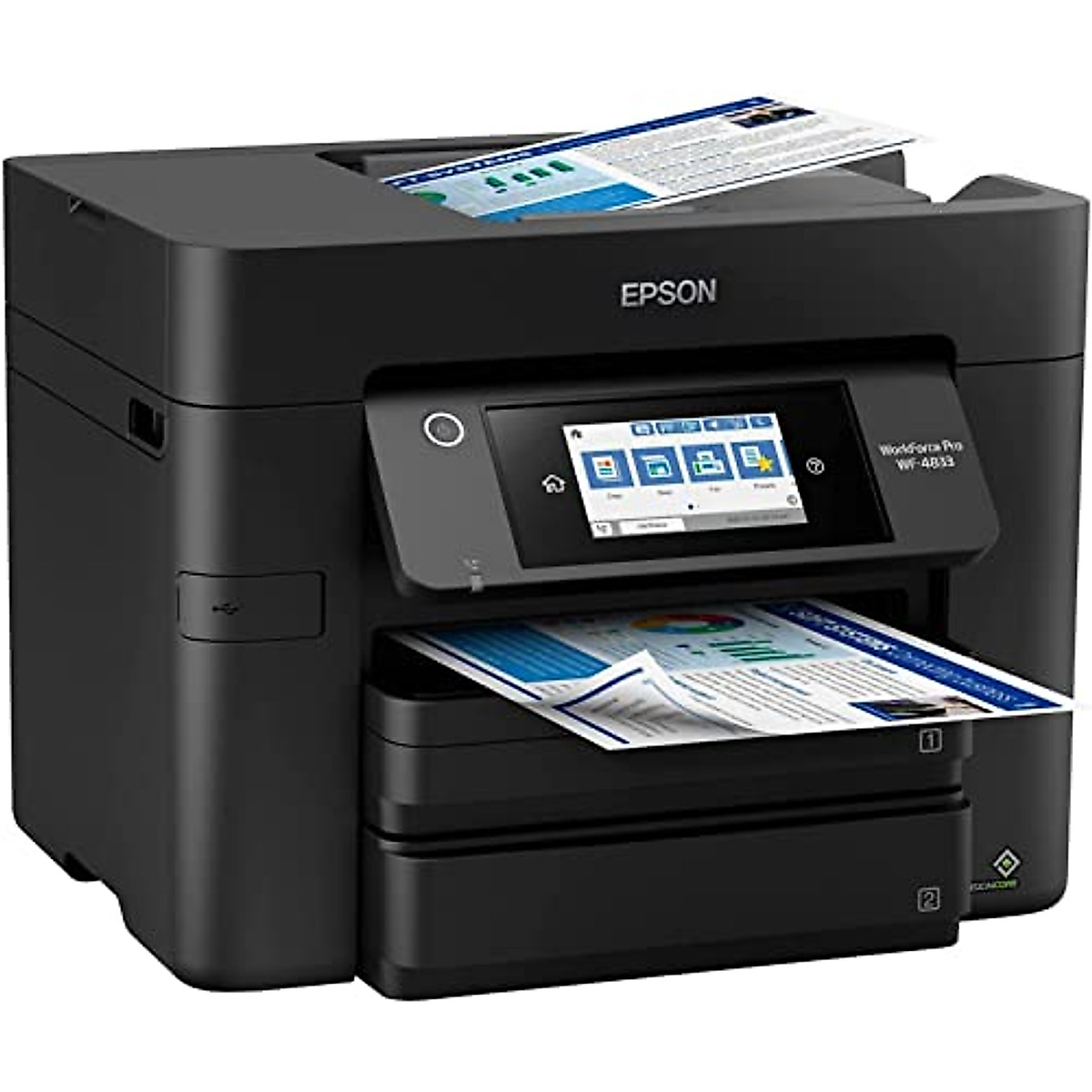Epson Workforce Pro WF-4833 Wireless All-in-One Color Inkjet Printer, Black - Print Scan Copy Fax - 4.3" LCD, 25 ppm, 4800 x 2400 dpi, Auto 2-Sided Printing, 50-sheet ADF, 500-Sheet Capacity, Ethernet