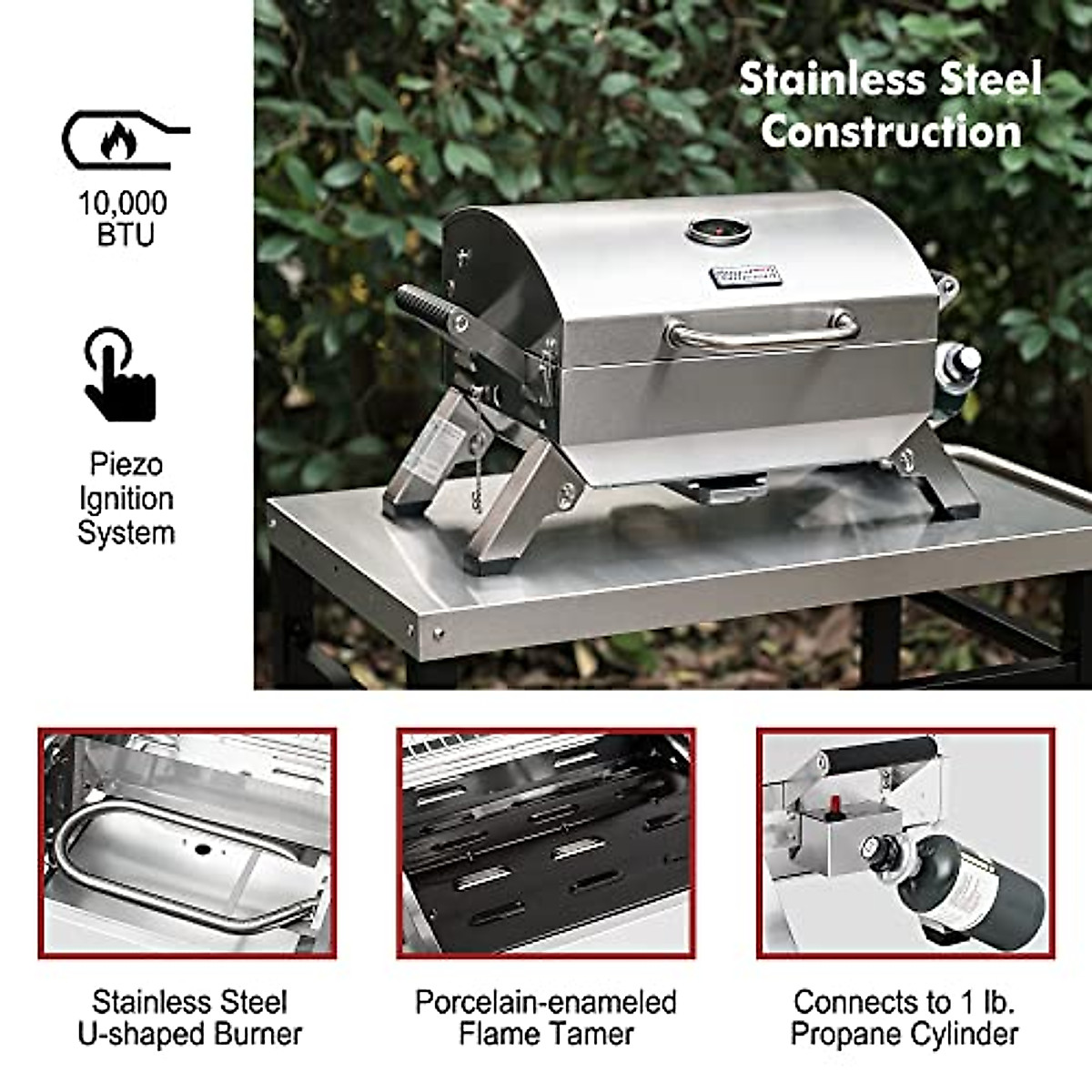 Grills House Stainless Steel Portable Grill with Two Handles and Travel Locks, Tabletop Propane Gas Grill with Folding Legs, 10000 BTU, for Picnic Cookout, GT2001, Silver