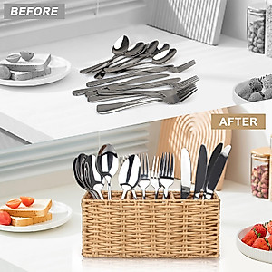 Ayiaren Wicker Flatware Silverware Caddies Cutlery Holder Best Kitchen Silverware Organizer Storage for Countertop Silverware Utensils Holder Party Spoon Knives Fork Holder Flatware Utensil Caddy