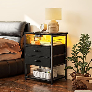 AODK Night Stand with Charging Station, End Table for Bedroom Tall Nightstand with Drawers, Small Nightstand for Bedroom, 4-Tier Storage Bedside Table, Black