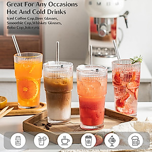 INSETLAN 20 oz Ribbed Glass Tumblers with Lids and Glass Straws – 4-Piece Glassware Set, Thickened Glass, Ideal for Iced Coffee, Smoothies, Cocktails, and Juices – Elegant and Durable Drinkware