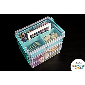 Joy Filled Storage - 3 Clear Stackable Containers with Handle and 6 Compartment Insert (10x7x2.5in) - with Turquoise Detail for Craft, Ideal for Food Storage and Organizing Containers