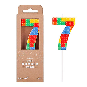 PHD CAKE Number 7 Building Block Birthday Cake Candle, Numeral Birthday Candles,Building Block Candles, Cake Topper Novelty Candle for Building Block Party