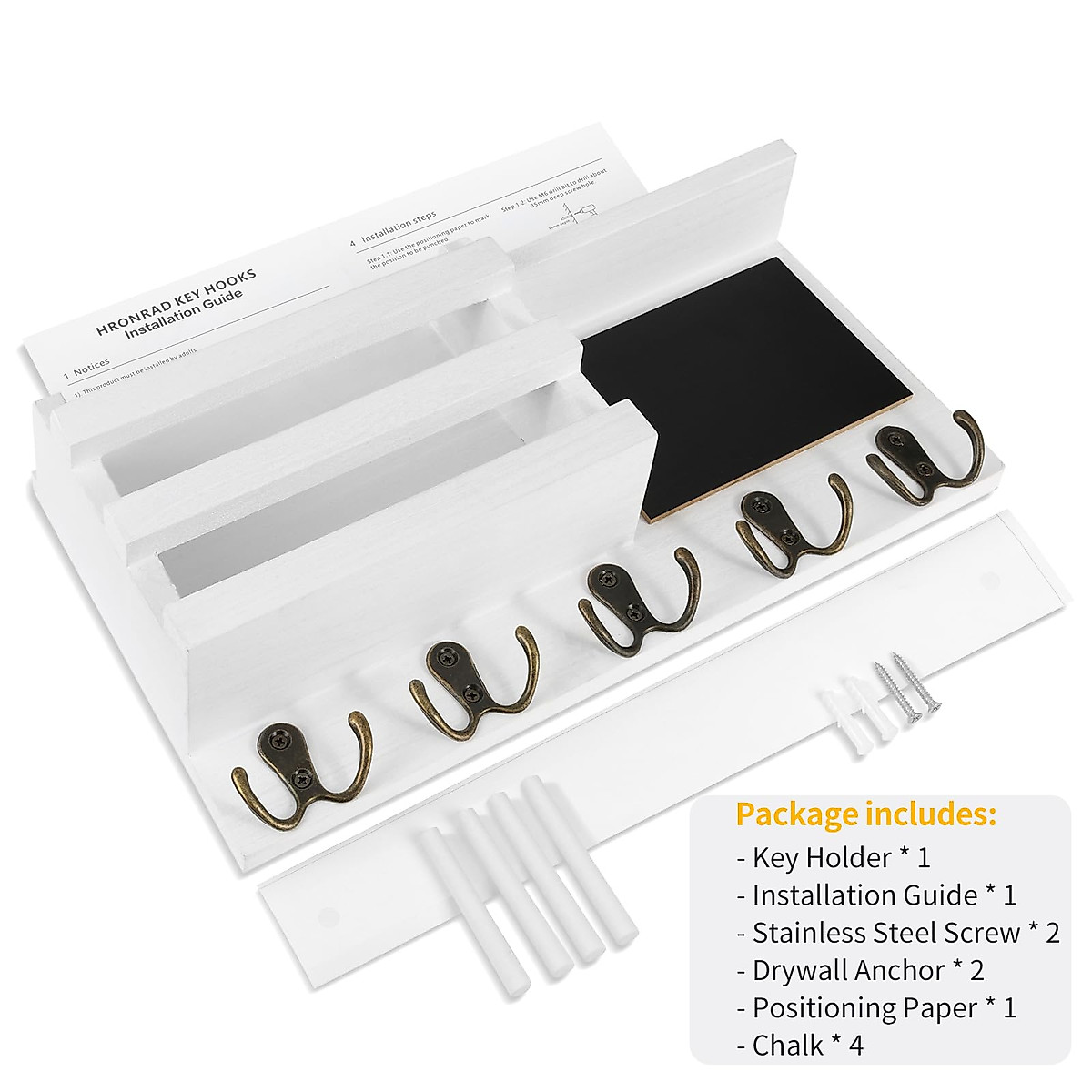 HRONRAD Key and Mail Holder for Wall, Farmhouse Wall Mounted Key Hooks with Floating Shelf,Wooden Hanging Key Organizer Storage, 5 Double Hooks and Blackboard for Entryway (White)