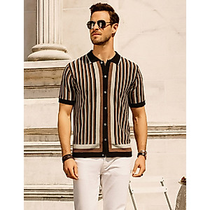 Mens 1950s Striped Polo Shirts Vintage Short Sleeve Button Down Polos 70s Italian Stylish Knit Shirt Retro Fashion Clothes Black-Coffe